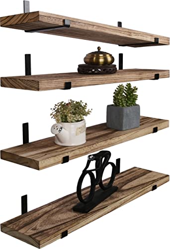 HXSWY 24 Inch Rustic Wood Floating Shelves for Wall Farmhouse Wooden Wall Shelves for Bathroom Kitchen Bedroom Living Room Set of 4 Light Brown