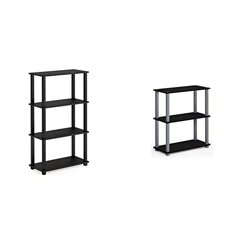 Furinno Turn-N-Tube 4-Tier Multipurpose Shelf Display Rack, Square Tube, Americano/Black & Turn-S-Tube 3-Tier Compact Multipurpose Shelf Display Rack with Square Tube, Black/Grey