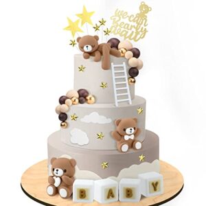 41 pcs/set bear cake toppers mini bear cake decorations cake toppers gold white pearl ball for boy girl baby shower birthday party decorations (dark brown, cute style)