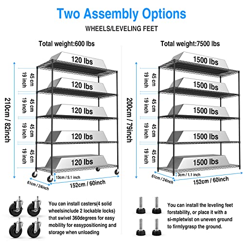 5 Tier NSF Metal Shelf Wire Shelving Unit, 7500lbs Capacity Heavy Duty Adjustable Storage Rack with Wheels & Shelf Liners for Commercial Grade Utility Steel Storage Rack , 82"H x 60"L x 24"D - Black