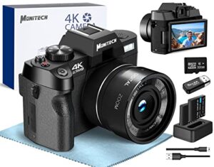 monitech digital camera for photography and video, 4k 48mp vlogging camera for youtube with 180° flip screen,16x digital zoom, 2 batteries，32gb tf card