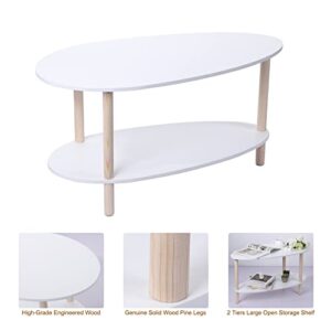 Oval Coffee Table, Small Wood Coffee Table for Living Room, Mid Century Modern Coffee Table for Home Office, 2-Tier Sofa Table, White, 15.7'' D x 31.5" W x 17.2" H