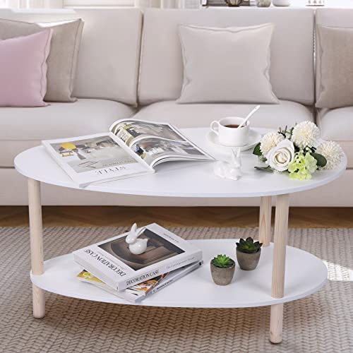 Oval Coffee Table, Small Wood Coffee Table for Living Room, Mid Century Modern Coffee Table for Home Office, 2-Tier Sofa Table, White, 15.7'' D x 31.5" W x 17.2" H