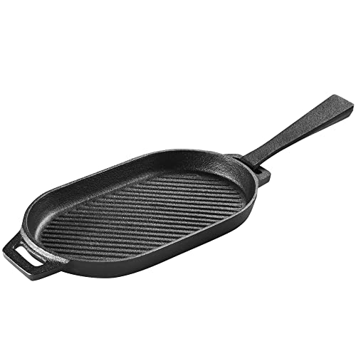 Cast Iron Grill Plate Oval,Cast Iron Cookware with Removable Handle,Cast Iron Steak Plate Sizzle Griddle,Pre-Seasoned Cast Iron Oven Grilling Pan