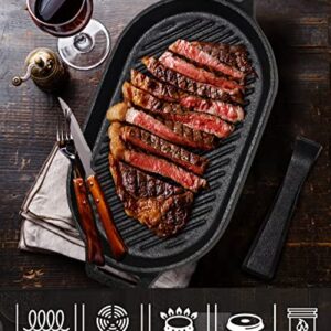 Cast Iron Grill Plate Oval,Cast Iron Cookware with Removable Handle,Cast Iron Steak Plate Sizzle Griddle,Pre-Seasoned Cast Iron Oven Grilling Pan