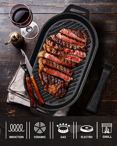 Cast Iron Grill Plate Oval,Cast Iron Cookware with Removable Handle,Cast Iron Steak Plate Sizzle Griddle,Pre-Seasoned Cast Iron Oven Grilling Pan