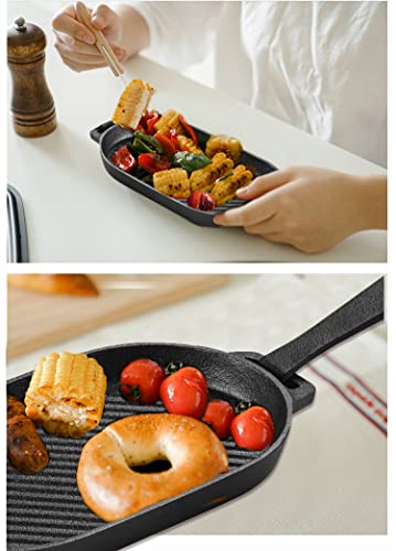 Cast Iron Grill Plate Oval,Cast Iron Cookware with Removable Handle,Cast Iron Steak Plate Sizzle Griddle,Pre-Seasoned Cast Iron Oven Grilling Pan