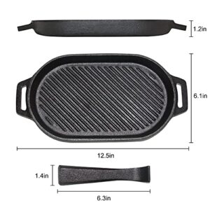 Cast Iron Grill Plate Oval,Cast Iron Cookware with Removable Handle,Cast Iron Steak Plate Sizzle Griddle,Pre-Seasoned Cast Iron Oven Grilling Pan