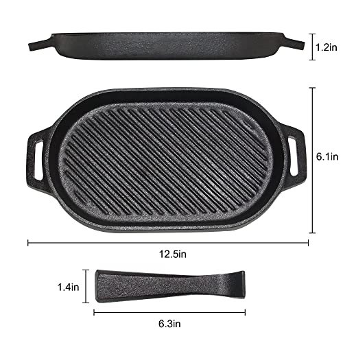 Cast Iron Grill Plate Oval,Cast Iron Cookware with Removable Handle,Cast Iron Steak Plate Sizzle Griddle,Pre-Seasoned Cast Iron Oven Grilling Pan