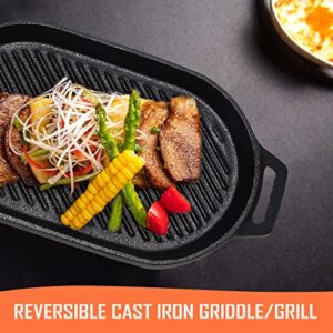 Cast Iron Grill Plate Oval,Cast Iron Cookware with Removable Handle,Cast Iron Steak Plate Sizzle Griddle,Pre-Seasoned Cast Iron Oven Grilling Pan