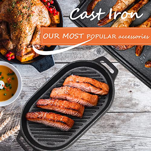 Cast Iron Grill Plate Oval,Cast Iron Cookware with Removable Handle,Cast Iron Steak Plate Sizzle Griddle,Pre-Seasoned Cast Iron Oven Grilling Pan