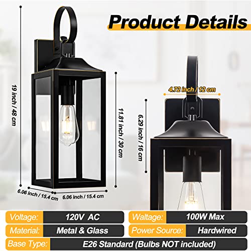 Yolsunes Black Outdoor Wall Lantern 19", Large Outside Farmhouse Wall Sconce Light Fixture, Industrial Wall Mount Light with Glass, Waterproof Modern Porch Lighting Exterior Lamp for House Garage