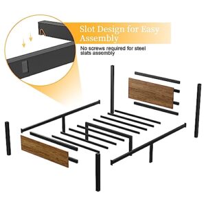 Musen Twin Bed Frames with Wood Headboard 12.4 Inch Metal Platform Bed Frame with Storage No Box Spring Needed Sturdy Non-Slip Without Noise Black & Rustic Brown