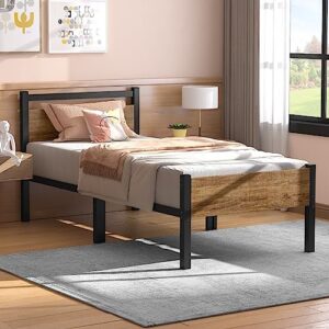 Musen Twin Bed Frames with Wood Headboard 12.4 Inch Metal Platform Bed Frame with Storage No Box Spring Needed Sturdy Non-Slip Without Noise Black & Rustic Brown