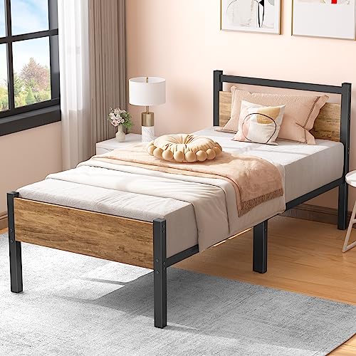 Musen Twin Bed Frames with Wood Headboard 12.4 Inch Metal Platform Bed Frame with Storage No Box Spring Needed Sturdy Non-Slip Without Noise Black & Rustic Brown