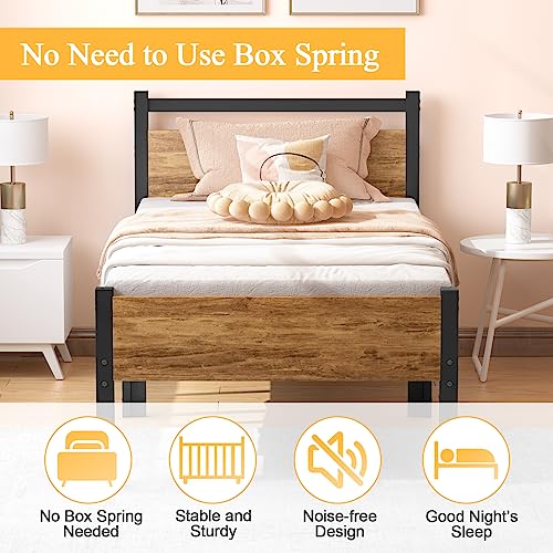 Musen Twin Bed Frames with Wood Headboard 12.4 Inch Metal Platform Bed Frame with Storage No Box Spring Needed Sturdy Non-Slip Without Noise Black & Rustic Brown