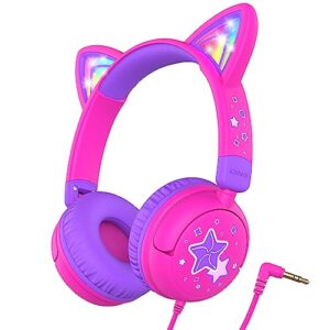 iclever kids headphones cat ear, led light up, 85dba safe volume, stereo sound toddler headphones for travel school, foldable 3.5mm wired kids headphones for ipad tablets, meow lollipop-hot pink