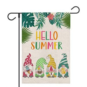 opulane hello summer garden flag gnomes beach 12x18 inch double sided small vertical burlap yard flags seasonal outdoor decor for farmhouse rustic home lawn patio wedding outside e1104