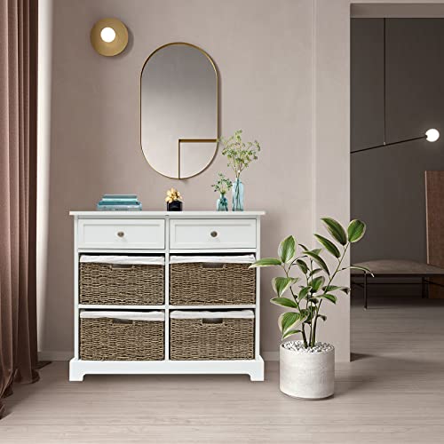 Babion Wicker Basket Storage Cabinet, Wicker Storage Cabinet with 2 Drawers and 4 Basket, Storage Cabinet with Wicker Baskets, Chest of Drawers for Living Room, Hallway, Nursery,Easy Assembly