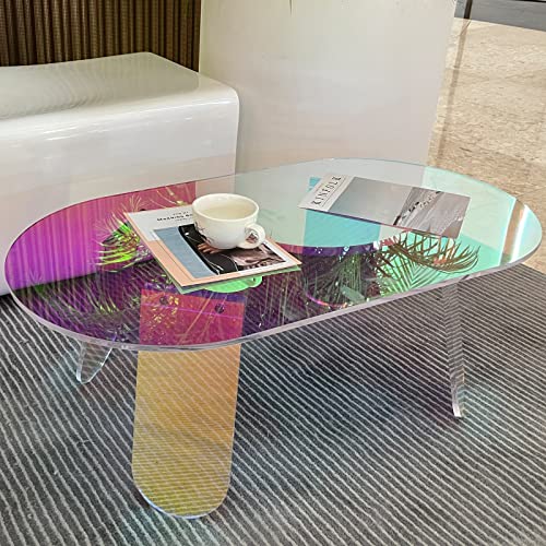 Nalwort Acrylic Coffee Table, Colorful Round Side Table, Iridescent Clear End Table for Living Room Bedroom, 37.4" L x 19.7" W x 13.8" H