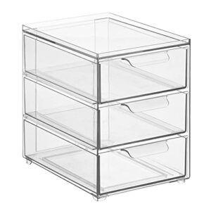 mDesign Plastic Stackable 3-Drawer Kitchen Storage Organizer - Bin with Divided Pull-Out Drawers for Pantry, Shelf, Fridge/Refrigerator, and Freezer Organization - Lumiere Collection - Clear