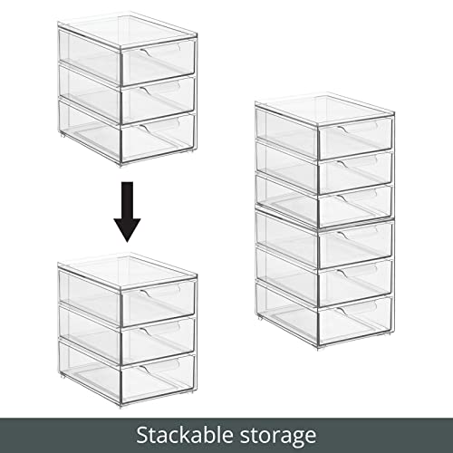 mDesign Plastic Stackable 3-Drawer Kitchen Storage Organizer - Bin with Divided Pull-Out Drawers for Pantry, Shelf, Fridge/Refrigerator, and Freezer Organization - Lumiere Collection - Clear