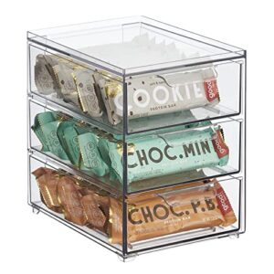 mDesign Plastic Stackable 3-Drawer Kitchen Storage Organizer - Bin with Divided Pull-Out Drawers for Pantry, Shelf, Fridge/Refrigerator, and Freezer Organization - Lumiere Collection - Clear