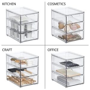 mDesign Plastic Stackable 3-Drawer Kitchen Storage Organizer - Bin with Divided Pull-Out Drawers for Pantry, Shelf, Fridge/Refrigerator, and Freezer Organization - Lumiere Collection - Clear