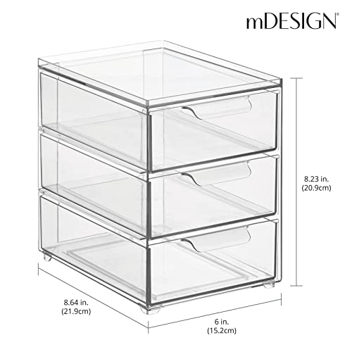 mDesign Plastic Stackable 3-Drawer Kitchen Storage Organizer - Bin with Divided Pull-Out Drawers for Pantry, Shelf, Fridge/Refrigerator, and Freezer Organization - Lumiere Collection - Clear