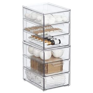 mdesign plastic stackable organizer with 3 drawers - pull-out drawer storage bin for bathroom sink/cabinet organization - perfect for makeup, small towels, and more - lumiere collection, 2 pack, clear