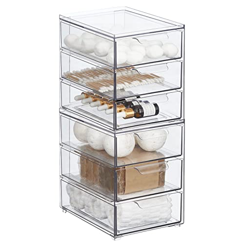 mDesign Plastic Stackable Organizer with 3 Drawers - Pull-Out Drawer Storage Bin for Bathroom Sink/Cabinet Organization - Perfect for Makeup, Small Towels, and More - Lumiere Collection, 2 Pack, Clear