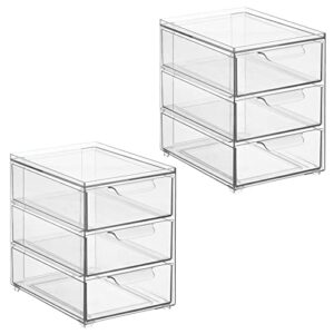 mDesign Plastic Stackable Organizer with 3 Drawers - Pull-Out Drawer Storage Bin for Bathroom Sink/Cabinet Organization - Perfect for Makeup, Small Towels, and More - Lumiere Collection, 2 Pack, Clear