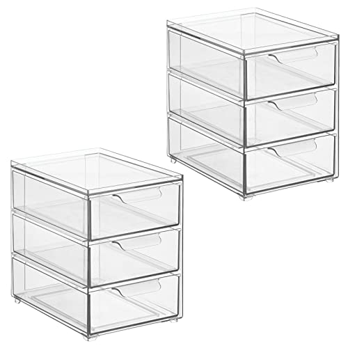 mDesign Plastic Stackable Organizer with 3 Drawers - Pull-Out Drawer Storage Bin for Bathroom Sink/Cabinet Organization - Perfect for Makeup, Small Towels, and More - Lumiere Collection, 2 Pack, Clear