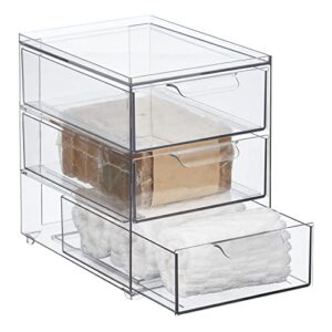 mDesign Plastic Stackable Organizer with 3 Drawers - Pull-Out Drawer Storage Bin for Bathroom Sink/Cabinet Organization - Perfect for Makeup, Small Towels, and More - Lumiere Collection, 2 Pack, Clear