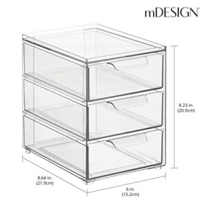 mDesign Plastic Stackable Organizer with 3 Drawers - Pull-Out Drawer Storage Bin for Bathroom Sink/Cabinet Organization - Perfect for Makeup, Small Towels, and More - Lumiere Collection, 2 Pack, Clear