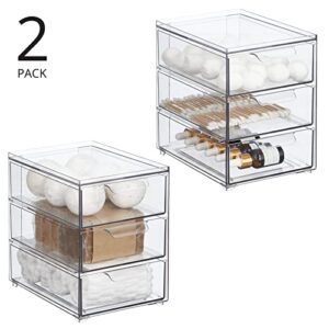 mDesign Plastic Stackable Organizer with 3 Drawers - Pull-Out Drawer Storage Bin for Bathroom Sink/Cabinet Organization - Perfect for Makeup, Small Towels, and More - Lumiere Collection, 2 Pack, Clear