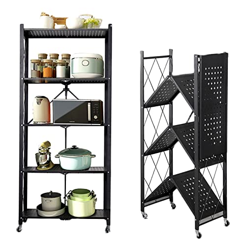 BRIGHTSHOW 4-Tier Storage Shelves, Collapsible Metal Shelf Organizer for Garage/Pantry/Kitchen/Sunroom Foldable Shelving Unit Heavy Duty Wire Shelving Show Rack with Wheels Moving Easily (4 Shelf)