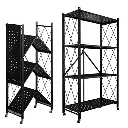 BRIGHTSHOW 4-Tier Storage Shelves, Collapsible Metal Shelf Organizer for Garage/Pantry/Kitchen/Sunroom Foldable Shelving Unit Heavy Duty Wire Shelving Show Rack with Wheels Moving Easily (4 Shelf)