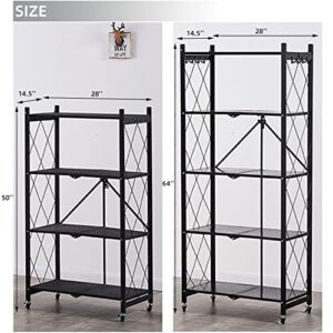 BRIGHTSHOW 4-Tier Storage Shelves, Collapsible Metal Shelf Organizer for Garage/Pantry/Kitchen/Sunroom Foldable Shelving Unit Heavy Duty Wire Shelving Show Rack with Wheels Moving Easily (4 Shelf)