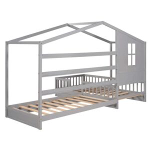 n/a Wood House Bed Twin Size 2 Twin Solid Bed L Structure with Fence and slatted Frame