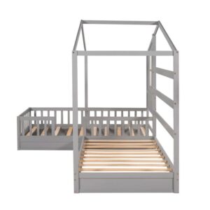 n/a Wood House Bed Twin Size 2 Twin Solid Bed L Structure with Fence and slatted Frame