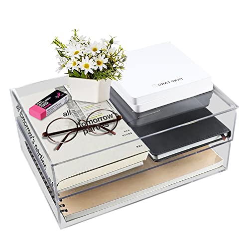 Paper Tray Organizer for Desk, Letter Trays Holder Acrylic Tray with Drawers Stackable Office Desk Organizers and Accessories File Paper Tray for Workspace Organization, 2-Tier Clear