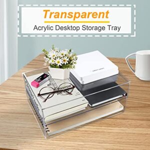 Paper Tray Organizer for Desk, Letter Trays Holder Acrylic Tray with Drawers Stackable Office Desk Organizers and Accessories File Paper Tray for Workspace Organization, 2-Tier Clear