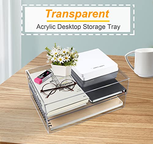 Paper Tray Organizer for Desk, Letter Trays Holder Acrylic Tray with Drawers Stackable Office Desk Organizers and Accessories File Paper Tray for Workspace Organization, 2-Tier Clear