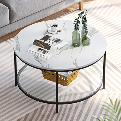 YITAHOME Round Coffee Table Glass Coffee Table for Living Room,2-Tier Marble Coffee Table with Storage Clear Coffee Table,Simple Modern Wood Center Table,Black