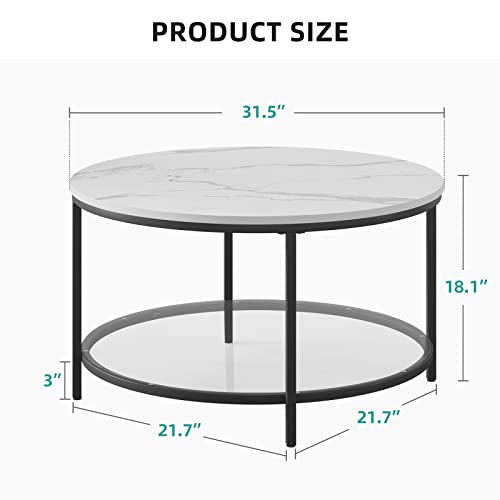 YITAHOME Round Coffee Table Glass Coffee Table for Living Room,2-Tier Marble Coffee Table with Storage Clear Coffee Table,Simple Modern Wood Center Table,Black