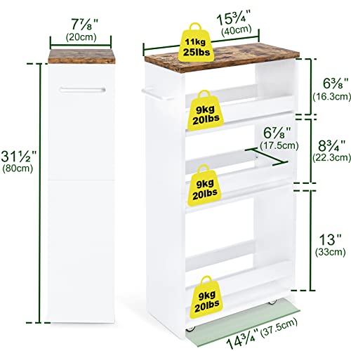 TEAMIX 4 Tier White Slim Storage Cart with Handle, 7.9''W Slide Out Storage Rolling Utility Cart Mobile Shelving Unit Organizer Trolley for Small Spaces Kitchen Laundry Narrow Places