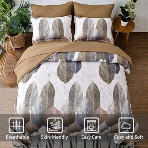 Drucon Botanical Comforter Set Queen, 7 Pieces Bed in A Bag Comforter Brown Leaves Comforter Queen Size Soft Microfiber Bedding Set for All Season