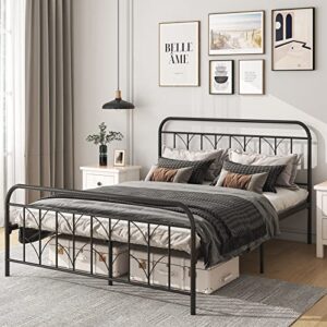 saudism queen size metal bed frame, 14.6" queen platform bed frame, mattress foundation with victorian style iron-art headboard, easy assembly, sturdy and durable, no box spring needed, black