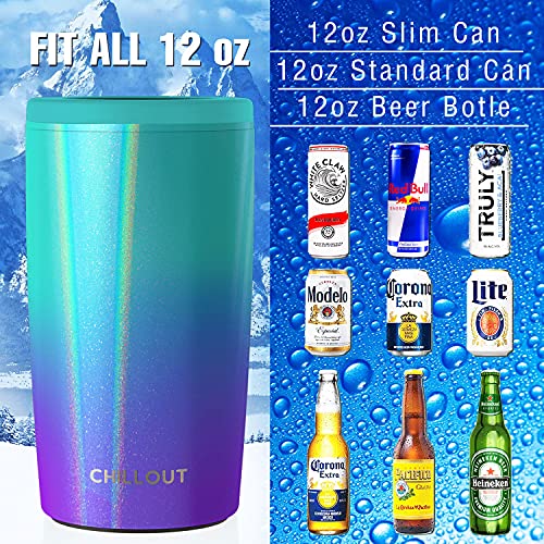 CHILLOUT LIFE Skinny Can Cooler for 12oz Standard or Tall Slim Cans & Beer Bottles | 4 in 1 Stainless Steel Insulated 12 oz Universal Can Cooler, Fits Most Car Cup Holders - Purple Green